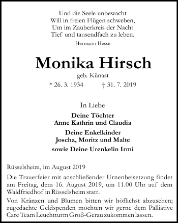 Traueranzeigen von Monika Hirsch | www.vrm-trauer.de