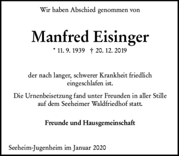 Traueranzeigen von Manfred Eisinger | www.vrm-trauer.de