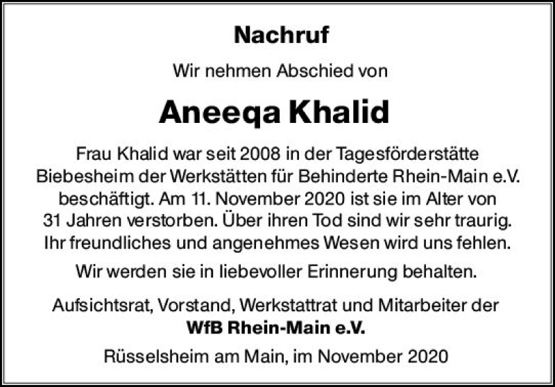 Traueranzeigen von Aneeqa Khalid | www.vrm-trauer.de