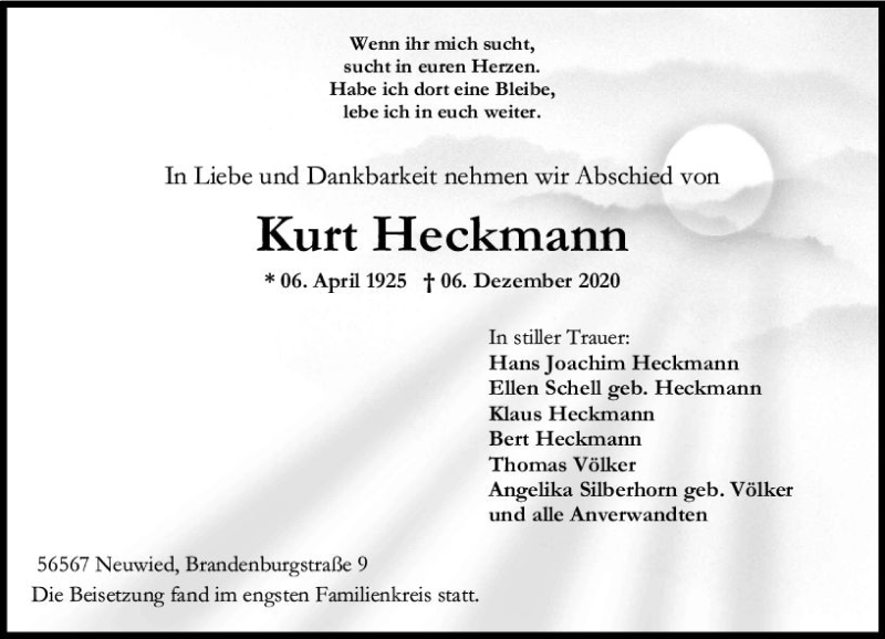 Traueranzeigen von Kurt Heckmann | www.vrm-trauer.de