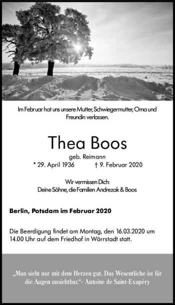 Traueranzeigen von Thea Boos | www.vrm-trauer.de