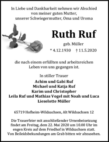Traueranzeigen von Ruth Ruf | www.vrm-trauer.de