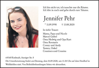Traueranzeigen von Jennifer Pehr | www.vrm-trauer.de