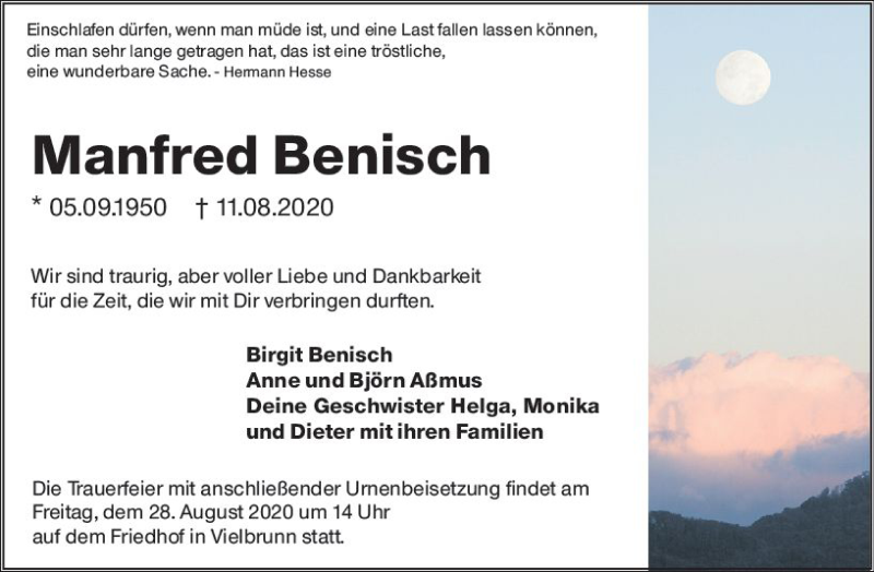 Traueranzeigen von Manfred Benisch | www.vrm-trauer.de