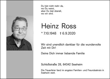 Traueranzeigen von Heinz Ross | www.vrm-trauer.de