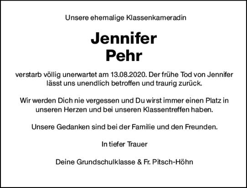 Traueranzeigen von Jennifer Pehr | www.vrm-trauer.de