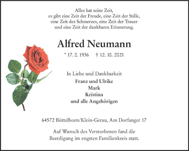 Traueranzeigen von Alfred Neumann | www.vrm-trauer.de