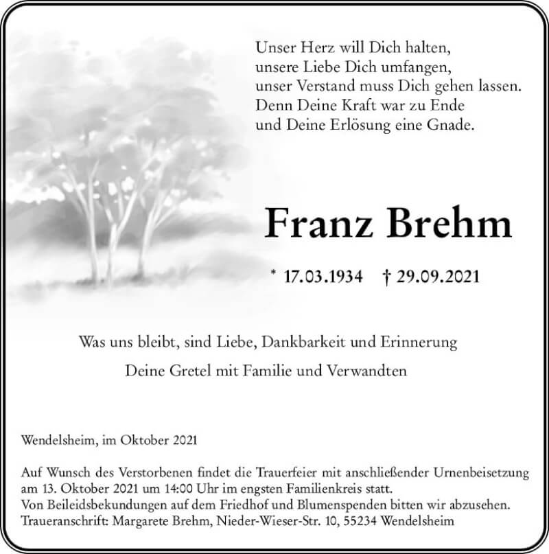 Traueranzeigen von Franz Brehm | www.vrm-trauer.de