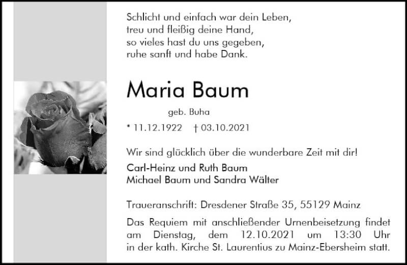 Traueranzeigen von Maria Baum | www.vrm-trauer.de