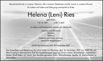 Traueranzeigen von Helena Ries | www.vrm-trauer.de