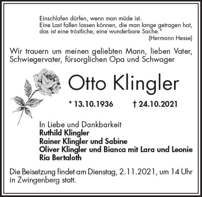 Traueranzeigen von Otto Klingler | www.vrm-trauer.de