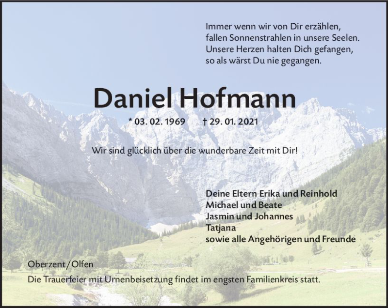 Traueranzeigen von Daniel Hofmann | www.vrm-trauer.de