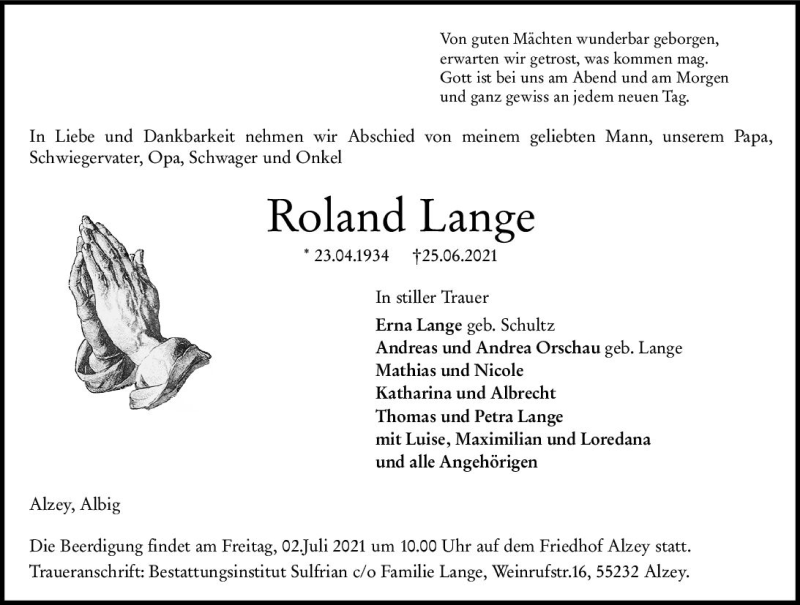 Traueranzeigen von Roland Lange | www.vrm-trauer.de