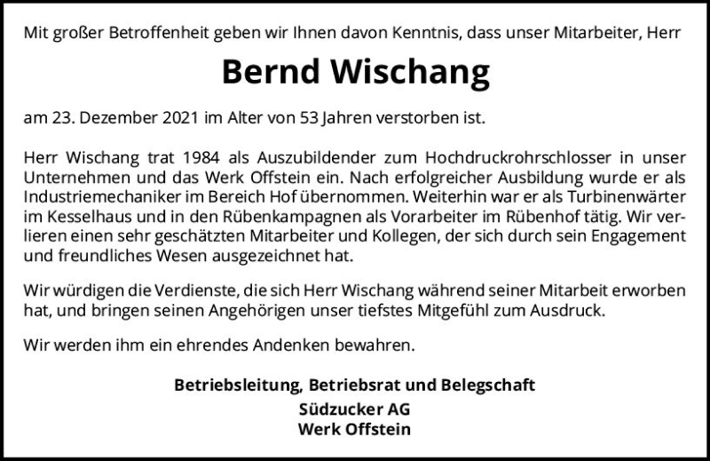 Traueranzeigen von Bernd Wischang | www.vrm-trauer.de