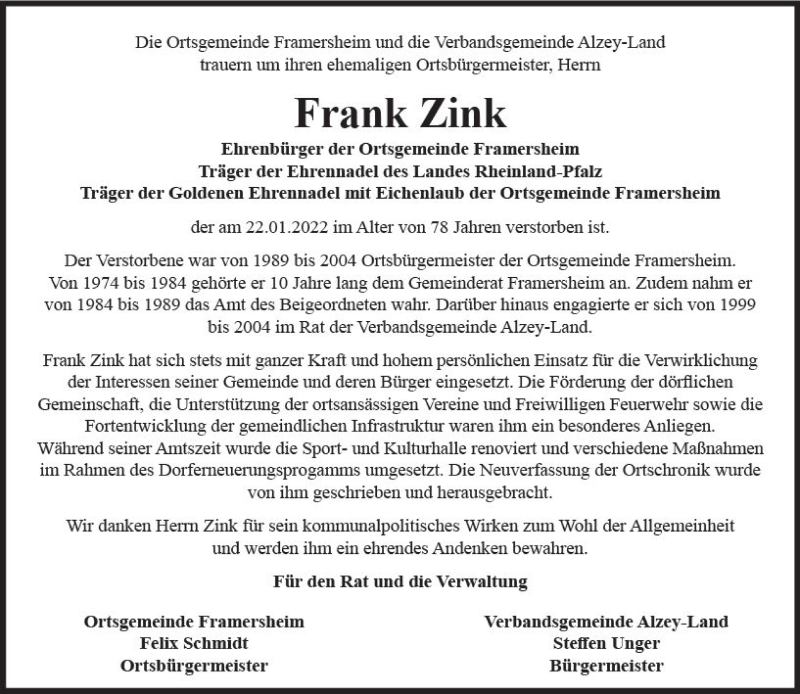 Traueranzeigen von Frank Zink | www.vrm-trauer.de