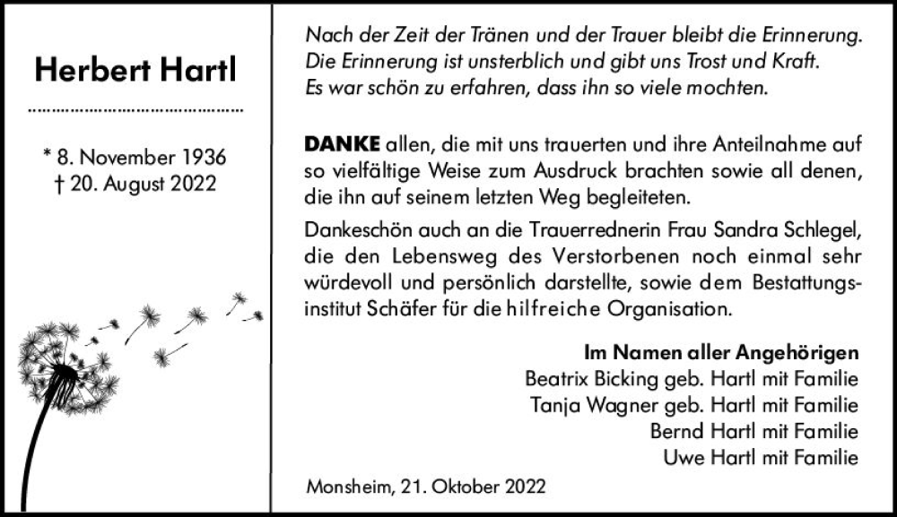 Traueranzeigen von Herbert Hartl | www.vrm-trauer.de