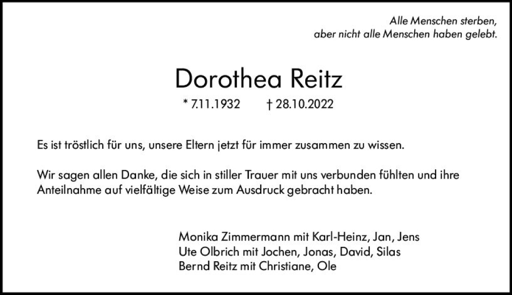 Traueranzeigen von Dorothea Reitz | www.vrm-trauer.de
