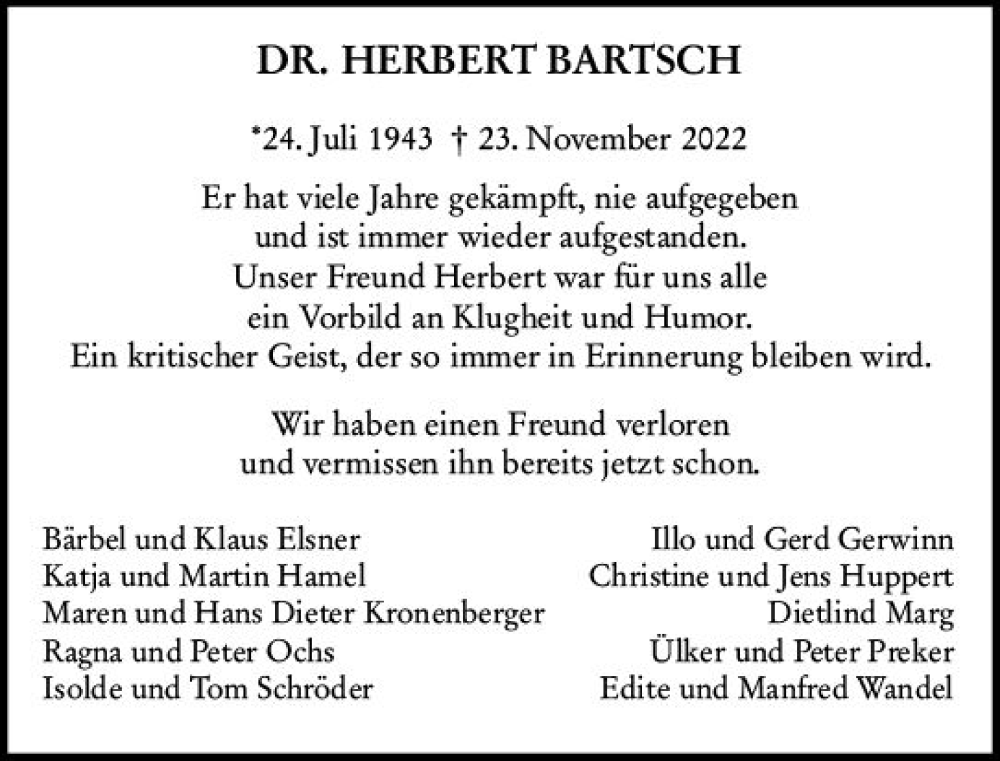 Traueranzeigen von Herbert Bartsch | www.vrm-trauer.de
