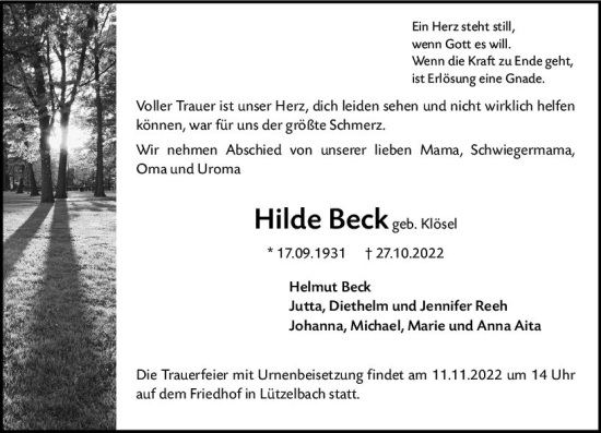 Traueranzeigen von Hilde Beck | www.vrm-trauer.de