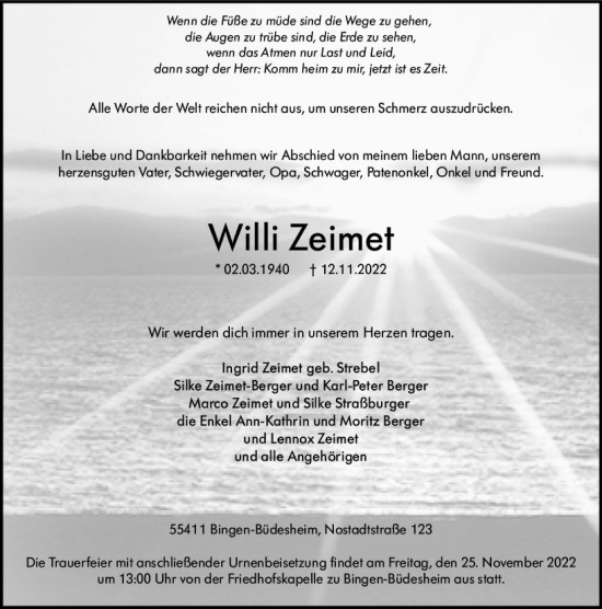 Traueranzeigen von Willi Zeimet | www.vrm-trauer.de