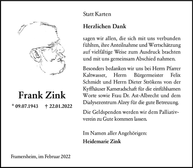Traueranzeigen von Frank Zink | www.vrm-trauer.de