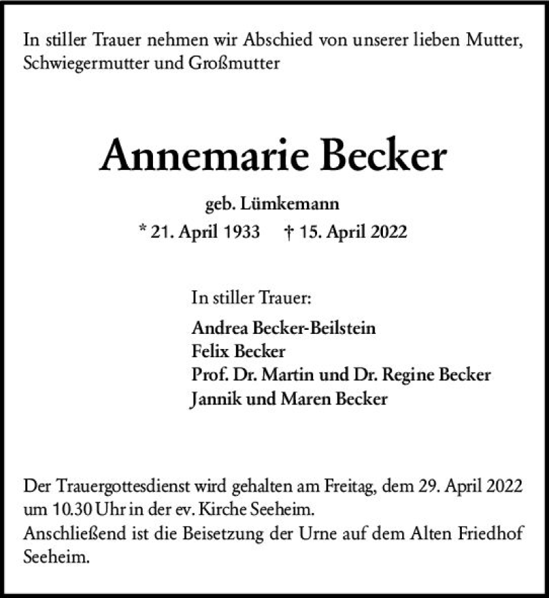 Traueranzeigen von Annemarie Becker | www.vrm-trauer.de