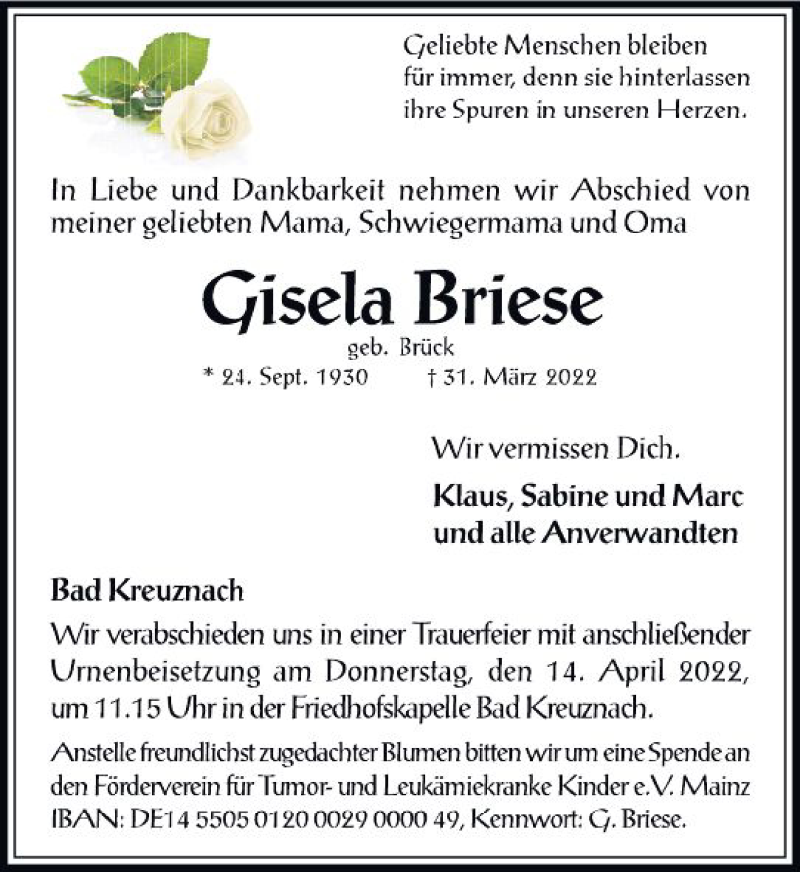 Traueranzeigen von Gisela Briese | www.vrm-trauer.de
