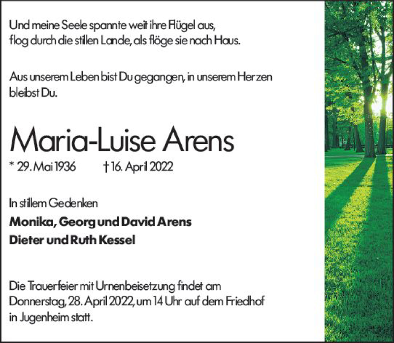 Traueranzeigen von Maria-Luise Arens | www.vrm-trauer.de