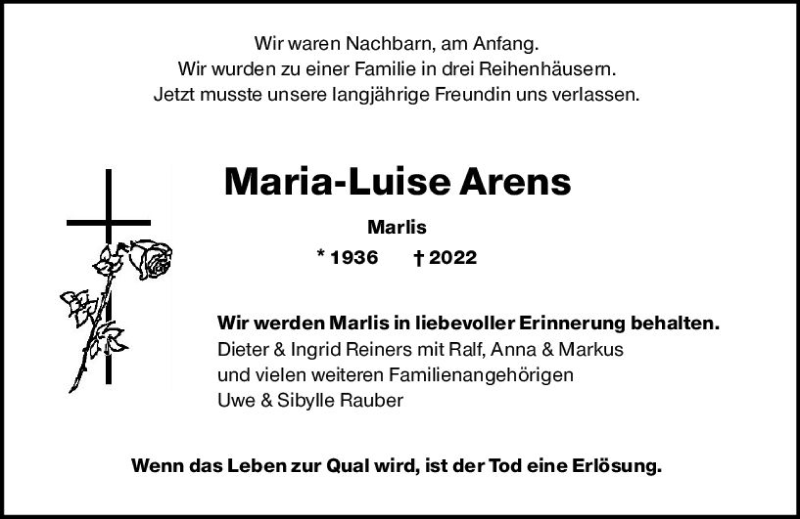 Traueranzeigen von Maria-Luise Arens | www.vrm-trauer.de