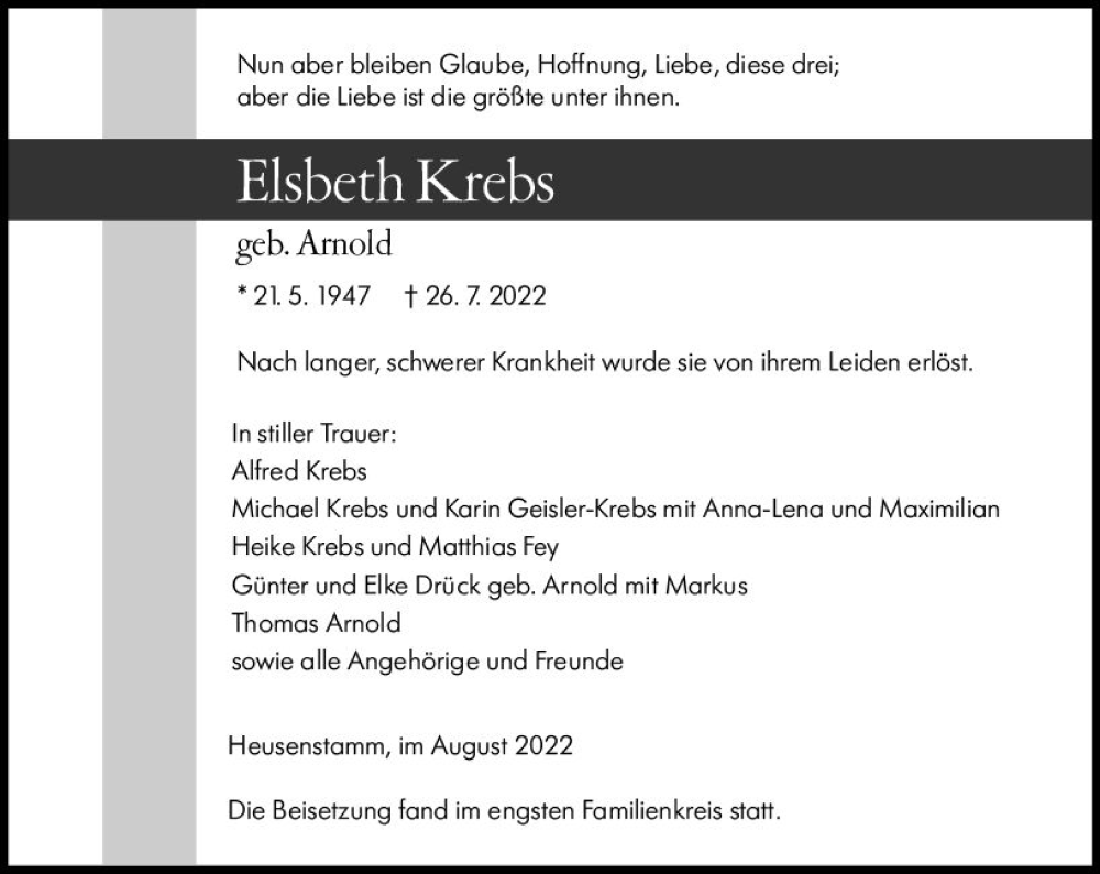 Traueranzeigen von Eisbeth Krebs | www.vrm-trauer.de