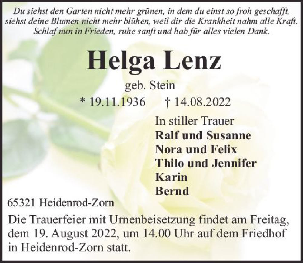 Traueranzeigen von Helga Lenz | www.vrm-trauer.de