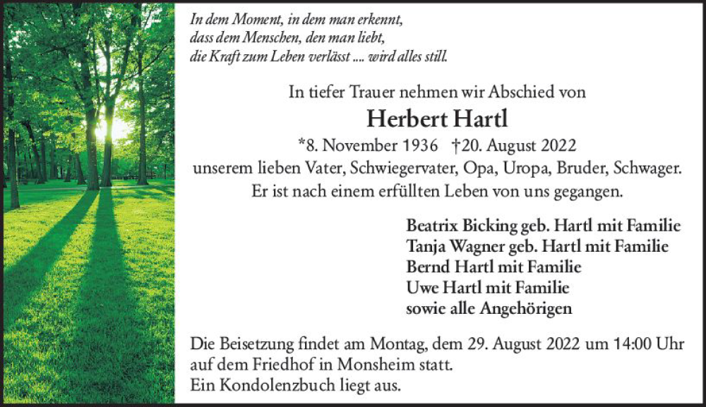 Traueranzeigen von Herbert Hartl | www.vrm-trauer.de
