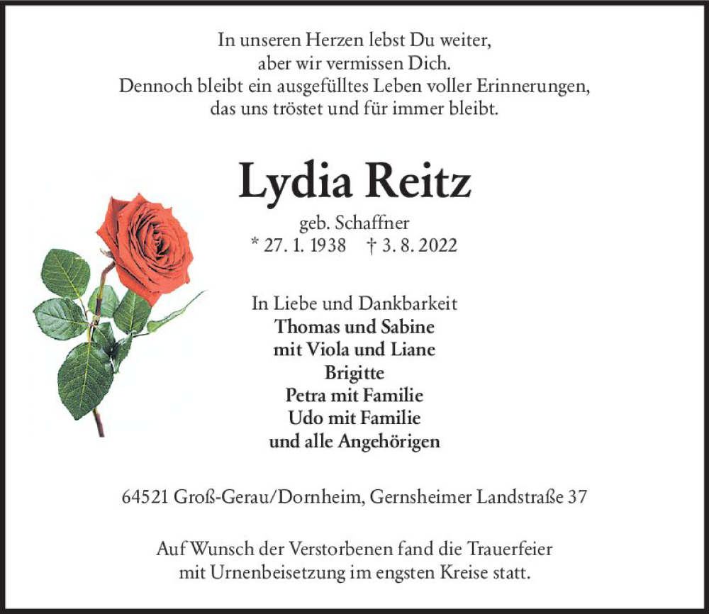 Traueranzeigen von Lydia Reitz | www.vrm-trauer.de