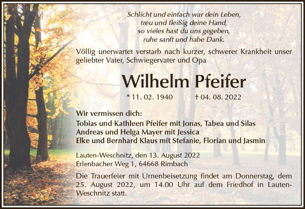 Traueranzeigen von Wilhelm Pfeifer | www.vrm-trauer.de