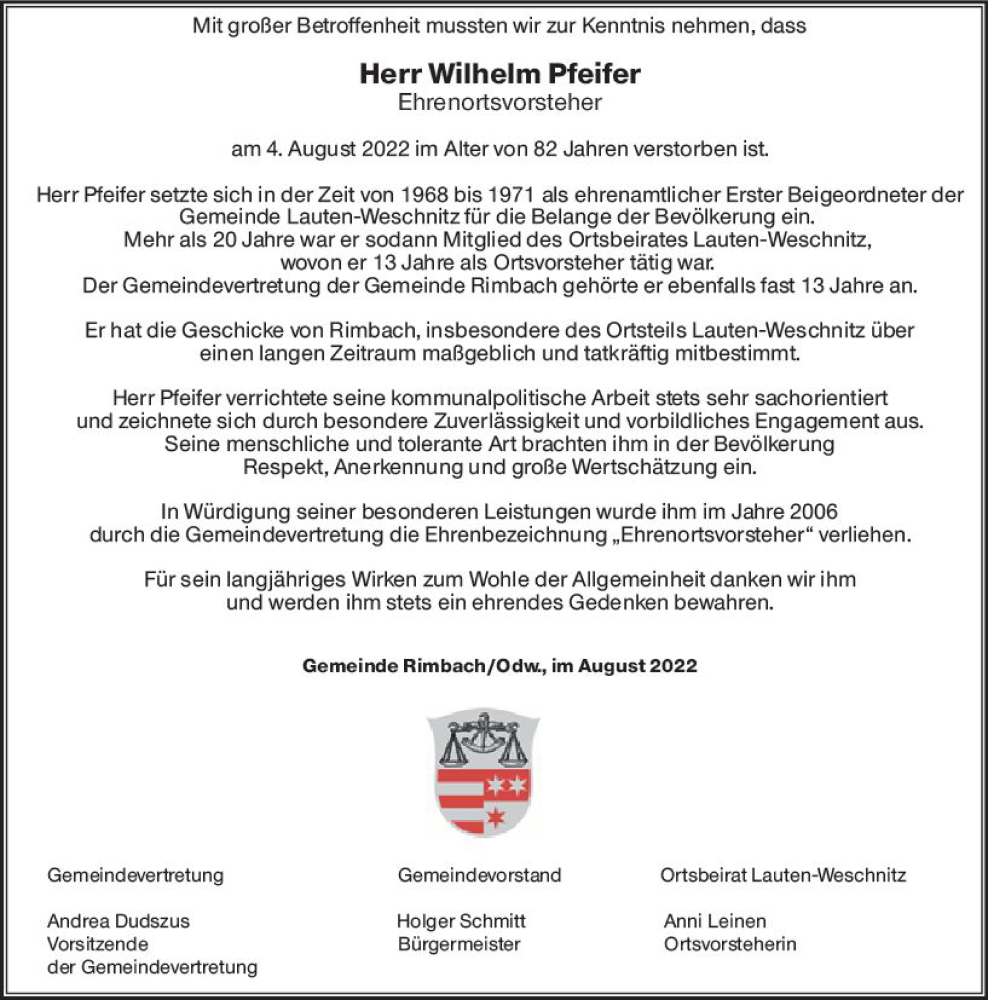 Traueranzeigen von Wilhelm Pfeifer | www.vrm-trauer.de