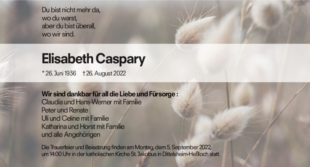 Traueranzeigen von Elisabeth Caspary | www.vrm-trauer.de