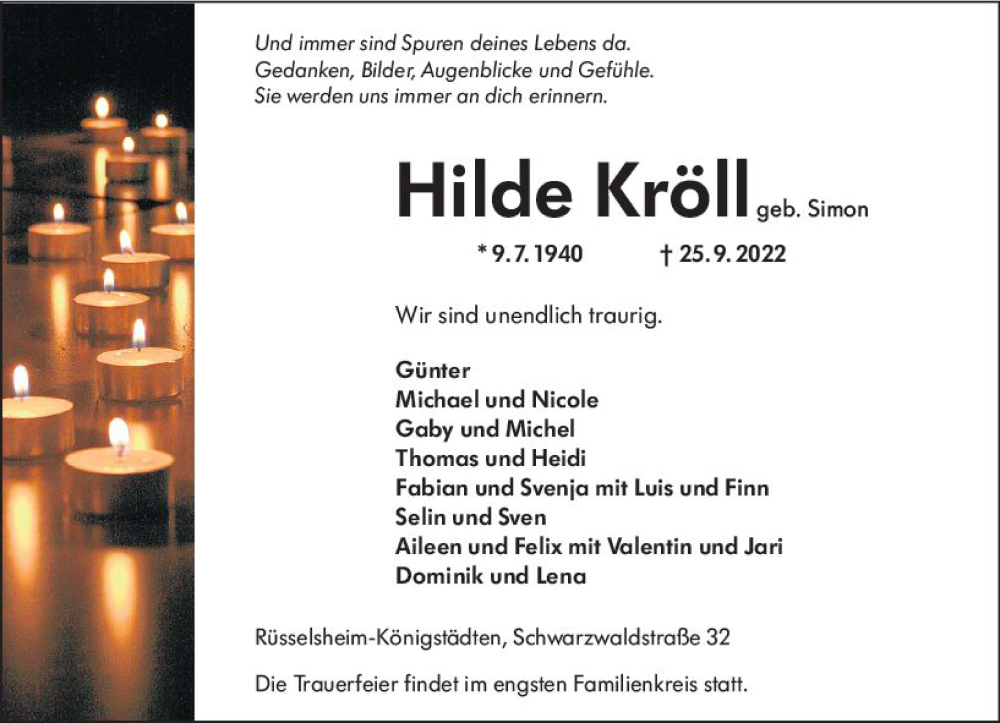 Traueranzeigen von Hilde Kröll | www.vrm-trauer.de