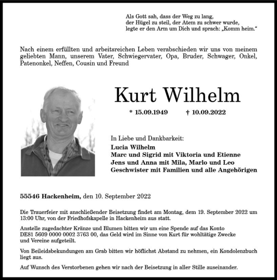 Traueranzeigen von Kurt Wilhelm | www.vrm-trauer.de