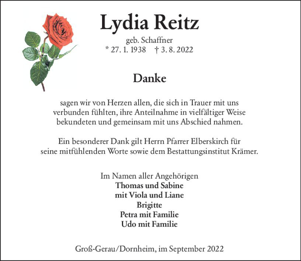Traueranzeigen von Lydia Reitz | www.vrm-trauer.de