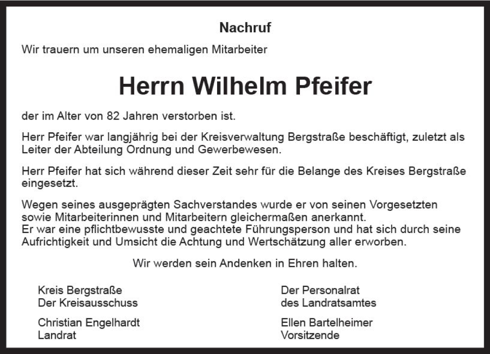 Traueranzeigen von Wilhelm Pfeifer | www.vrm-trauer.de