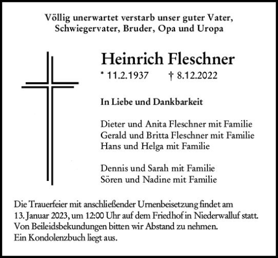 Traueranzeigen von Heinrich Fleschner | www.vrm-trauer.de