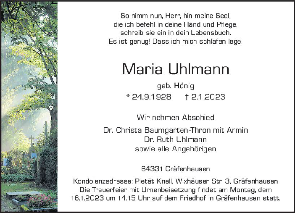 Traueranzeigen von Maria Uhlmann | www.vrm-trauer.de