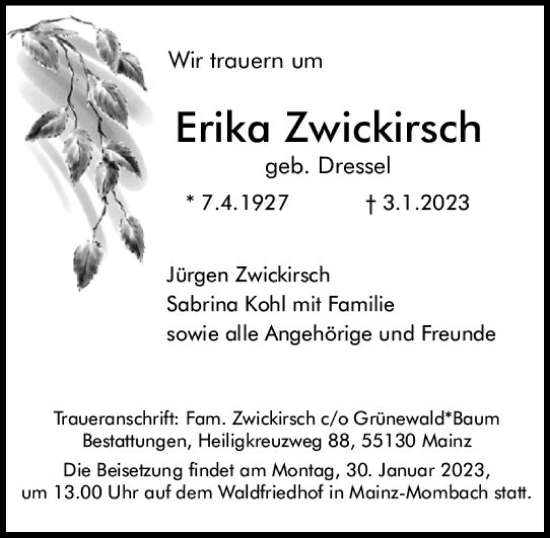 Traueranzeigen von Erika Zwickirsch | www.vrm-trauer.de
