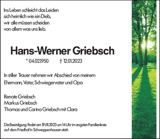 Traueranzeigen von Hans-Werner Griebsch | www.vrm-trauer.de