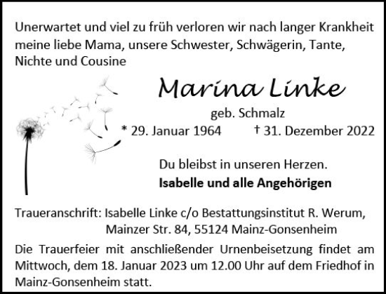 Traueranzeigen von Marina Linke | www.vrm-trauer.de