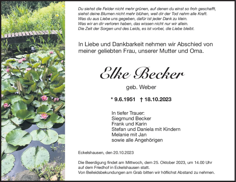 Traueranzeigen von Elke Becker | www.vrm-trauer.de