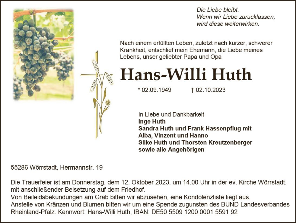 Traueranzeigen von Hans-Willi Huth | www.vrm-trauer.de