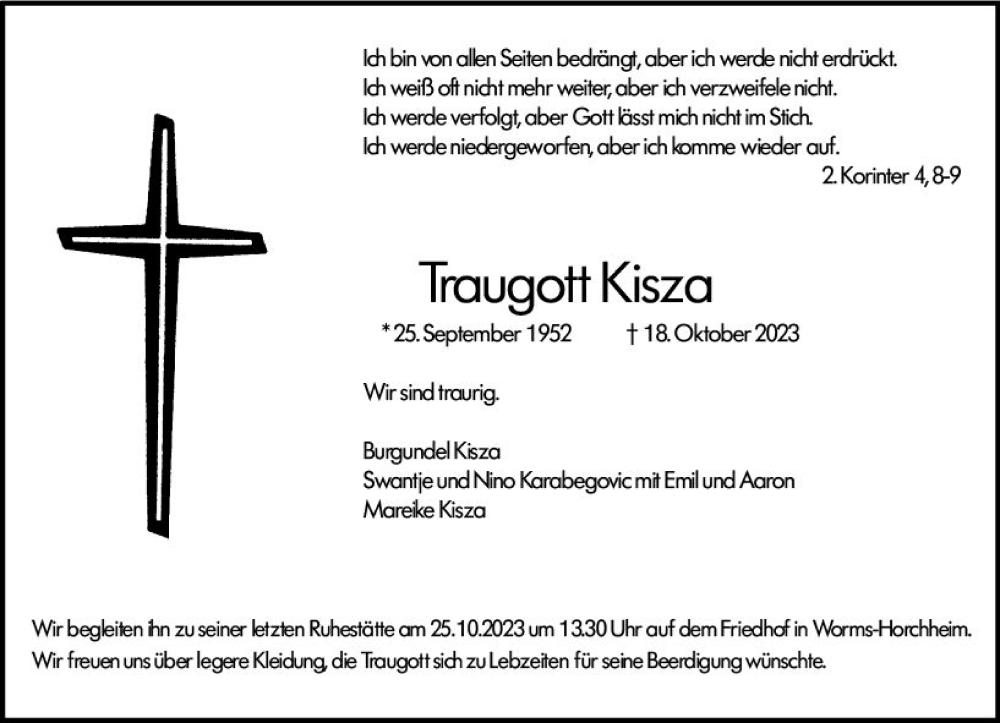 Traueranzeigen von Traugott Kisza | www.vrm-trauer.de