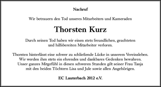 Traueranzeigen von Thorsten Kurz | www.vrm-trauer.de