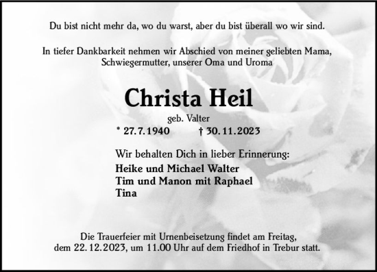 Traueranzeigen von Christa Heil | www.vrm-trauer.de